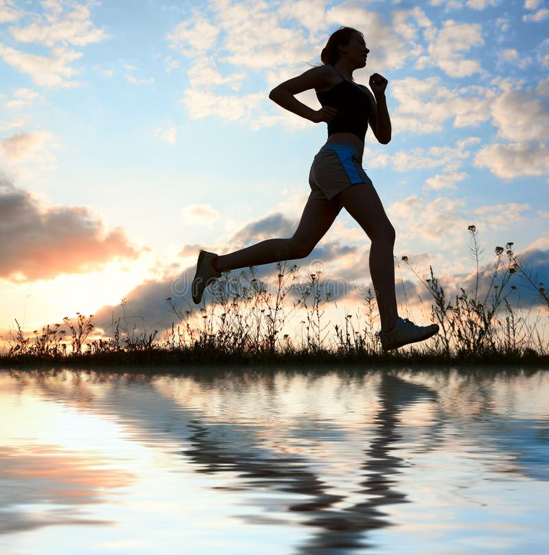 Silhouette Woman Run Under Blue Sky with Clouds Stock Photo - Image of ...