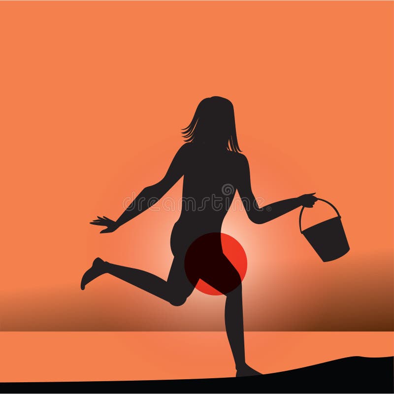 Silhouette of Woman Running with Bucket. Vector Illustration Decorative ...