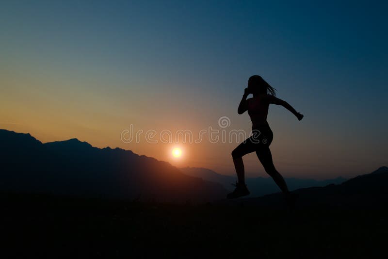 Silhouette of Woman Running at Sunset Stock Photo - Image of rock ...
