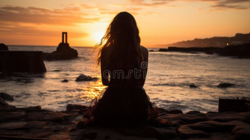 The Silhouette of a Woman Sitting on a Rock at Sunset Stock ...