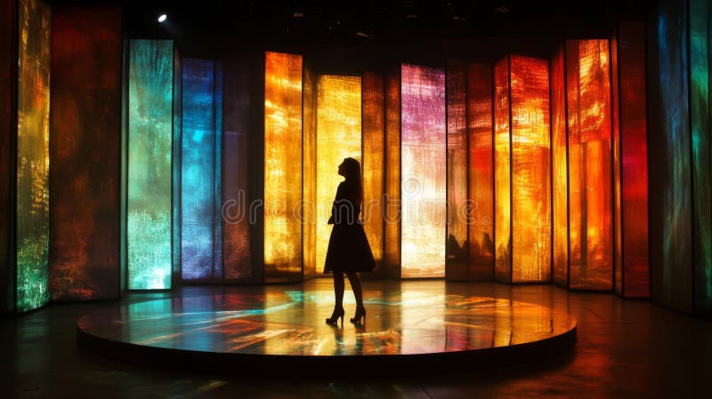 Silhouette of a Woman on a Stage with Colorful Projected Background ...