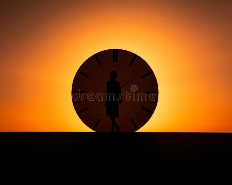 A Silhouette of a Woman Standing in Front of a Large Clock Stock ...