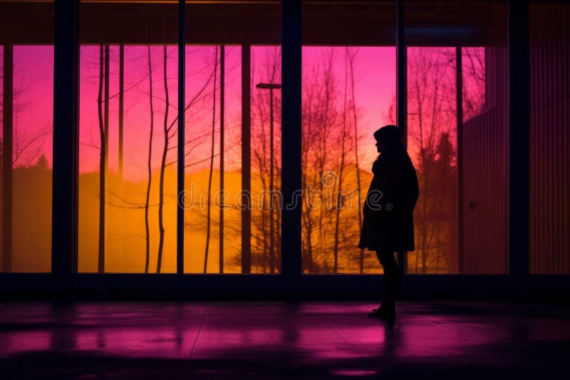 Silhouette of a Woman Standing in Front of Large Windows Stock ...