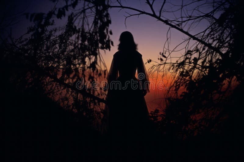 A Silhouette Of A Woman Standing In Front Of A Tree At Sunset Stock