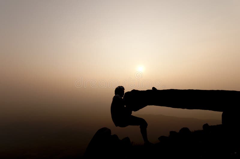 Silhouette of Woman Success on Top Mountain at Sunset, Selective Stock ...