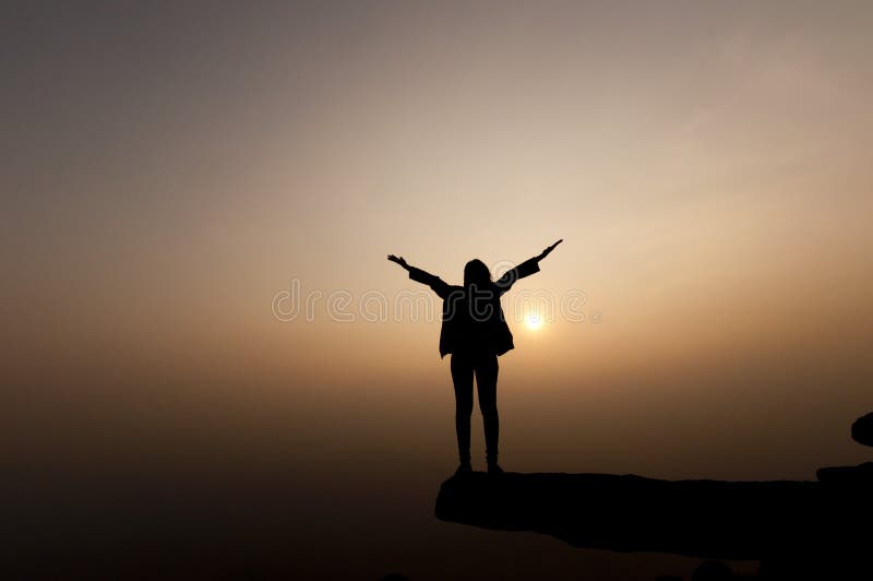 Silhouette of Woman Success on Top Mountain at Sunset, Selective Stock ...