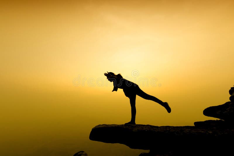 Silhouette of Woman Success on Top Mountain at Sunset, Selective Stock ...
