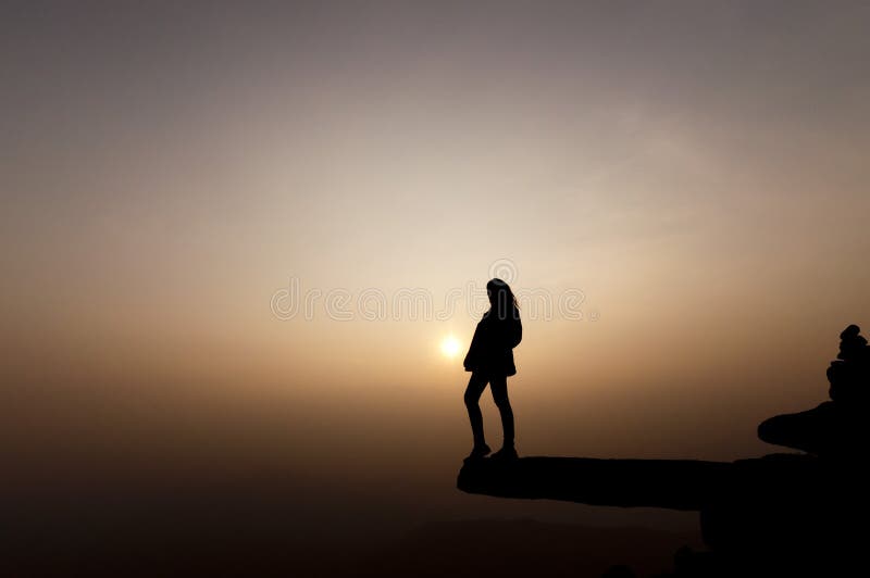 Silhouette of Woman Success on Top Mountain at Sunset, Selective Stock ...