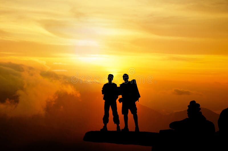 Silhouette of Woman Success on Top Mountain at Sunset, Selective Stock ...