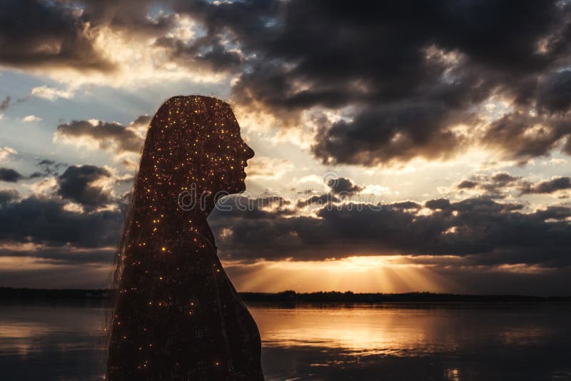 Silhouette of Woman. Sun Rays from Clouds Stock Image - Image of ...