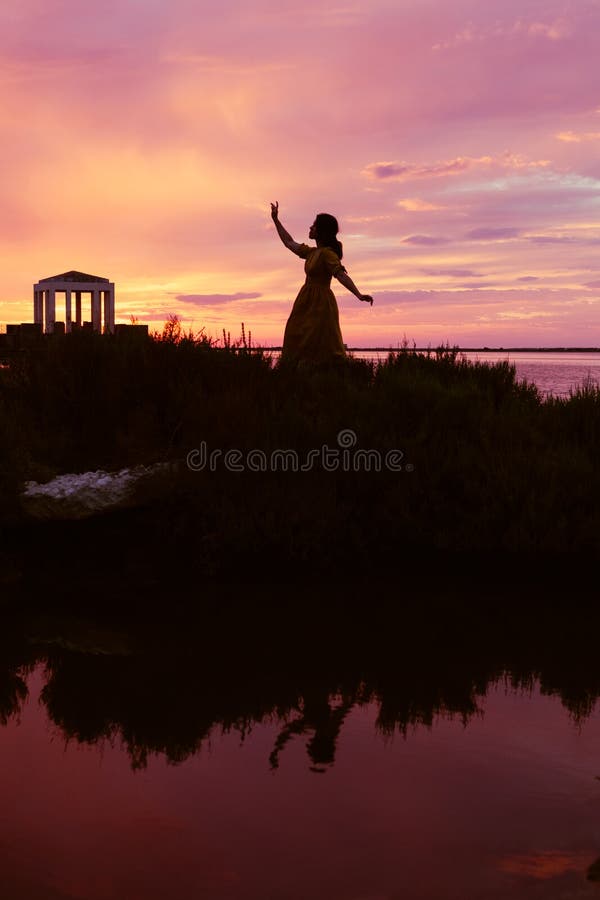 Silhouette Of The Woman On Sunset At Sea Beach Stock Image Image Of