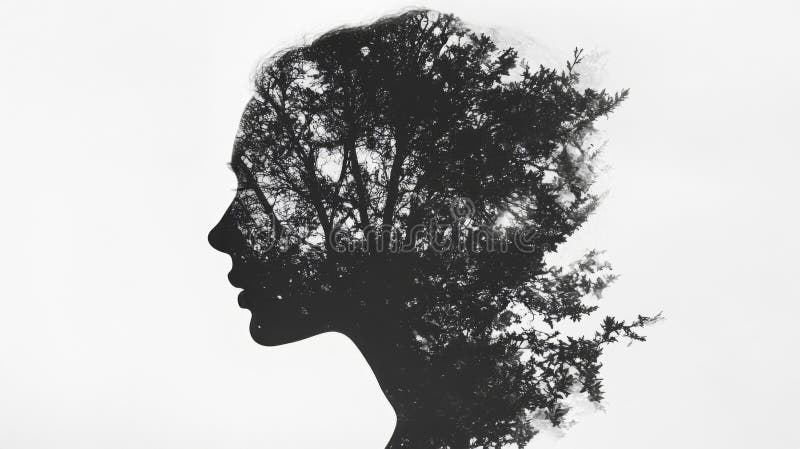 Silhouette of a Woman with Tree Branches in Double Exposure Black and ...