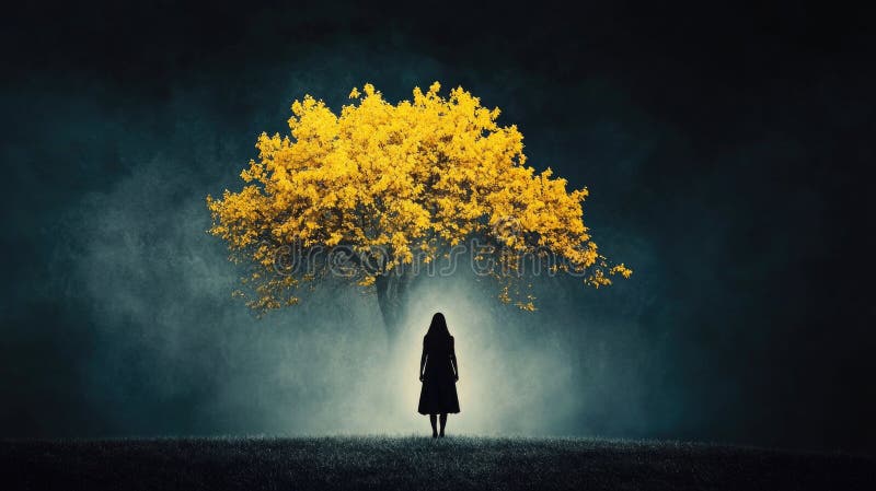 Silhouette of Woman Under Illuminated Yellow Tree at Night Stock Image ...