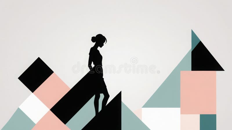Silhouette of a Woman Walking on Geometric Structures in an Abstract ...