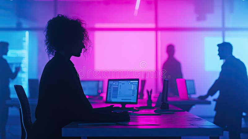 Silhouette of a Woman Working on a Computer in an Office with Pink and ...