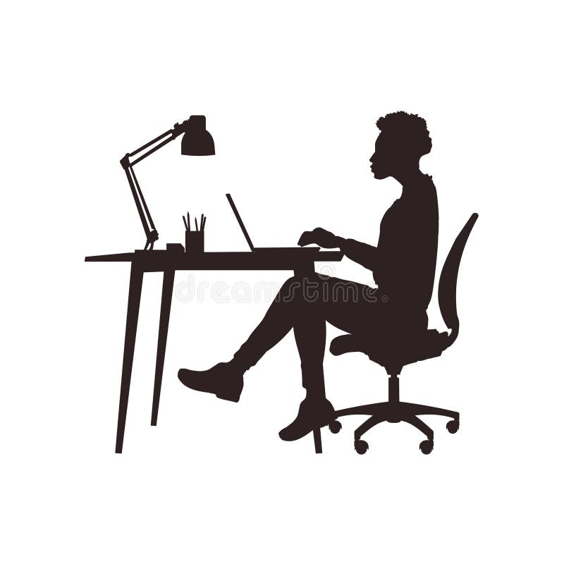 Silhouette of Woman Working on Laptop at Desk Stock Vector ...
