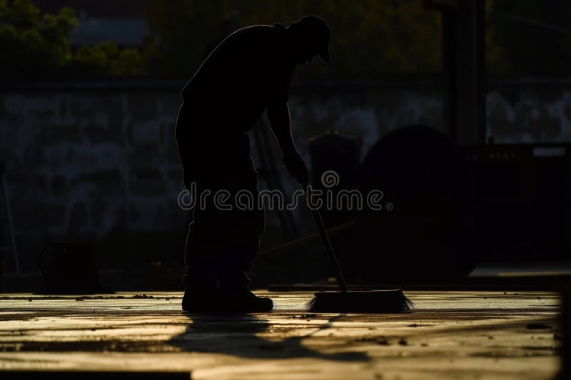 Silhouette of a Worker Brooming a Concrete Surface Stock Image - Image ...
