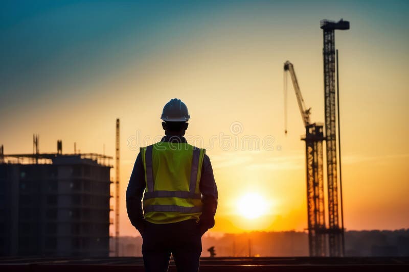 Silhouette of Worker Engineer at Construction Building Site at Sunset ...