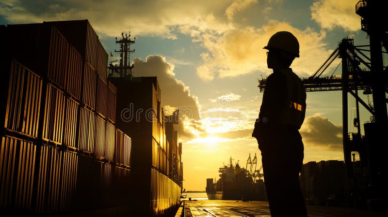 Silhouette of a Worker in a Hard Hat at a Shipping Port during Sunset ...