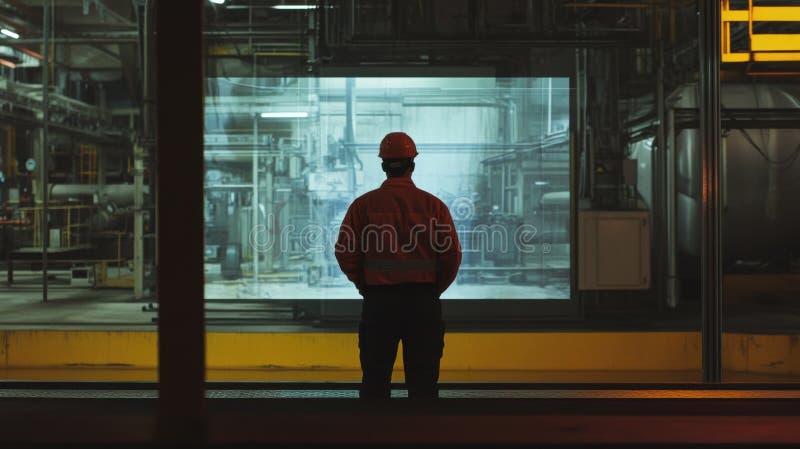 Silhouette of a Worker Observing Industrial Machinery in a Factory ...