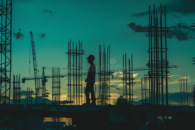 Silhouette of Worker Pouring Concrete with Ai Inspection on Building ...