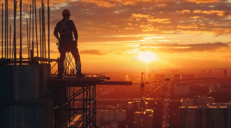 Silhouette of Worker Roofer Builder Working on Roof Structure on ...