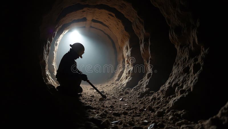 Silhouette of Worker with Tool in Underground Cave Exploring Minerals ...
