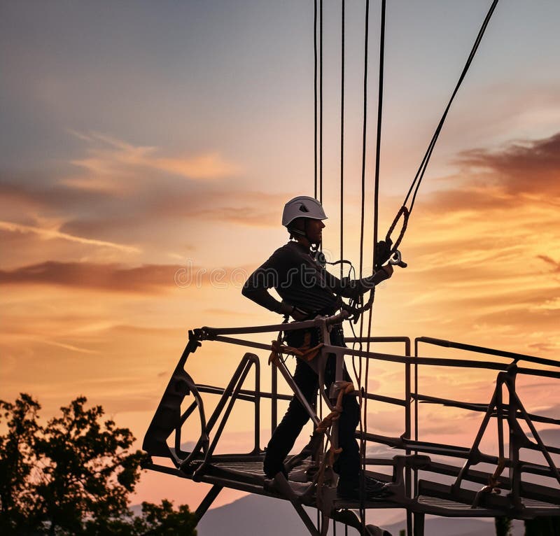 Silhouette of Worker on Tower, Working at Height, Sky Background. AI ...
