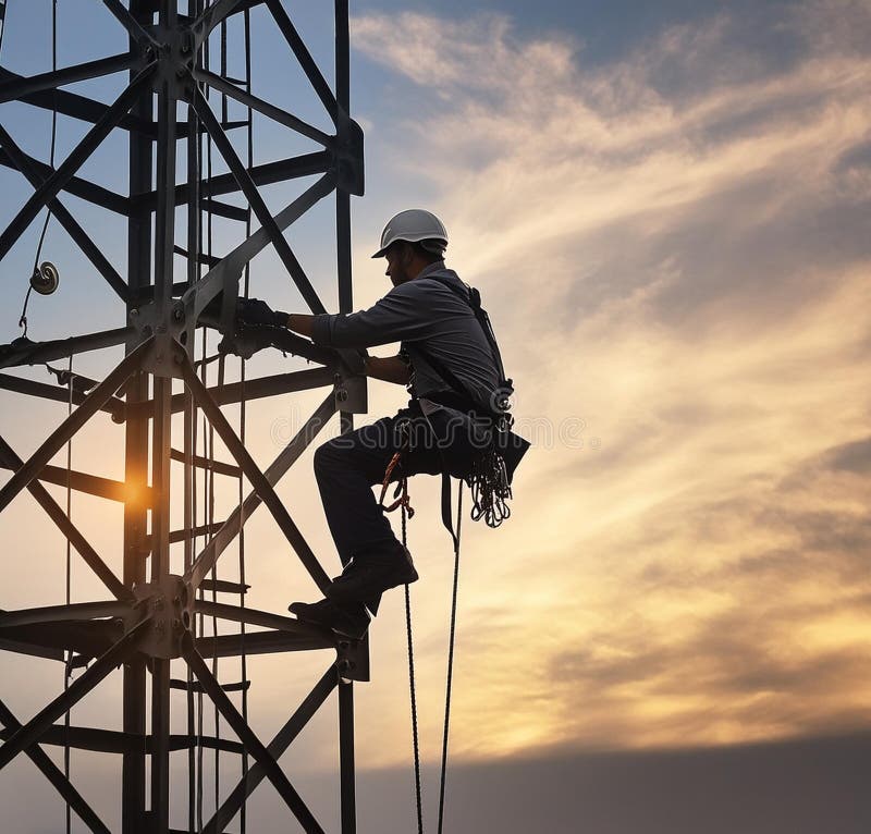 Silhouette of Worker on Tower, Working at Height, Sky Background. AI ...