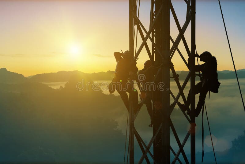 Silhouette Workers on Construction Crews To Work on High Ground Heavy ...