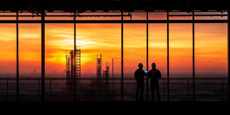 Silhouette of Workers Observing Sunset from a High Construction Site ...