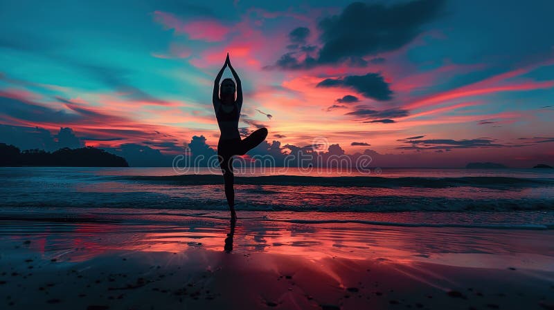 Silhouette of Yogi Performing Pose Against Vibrant Sunset Background ...