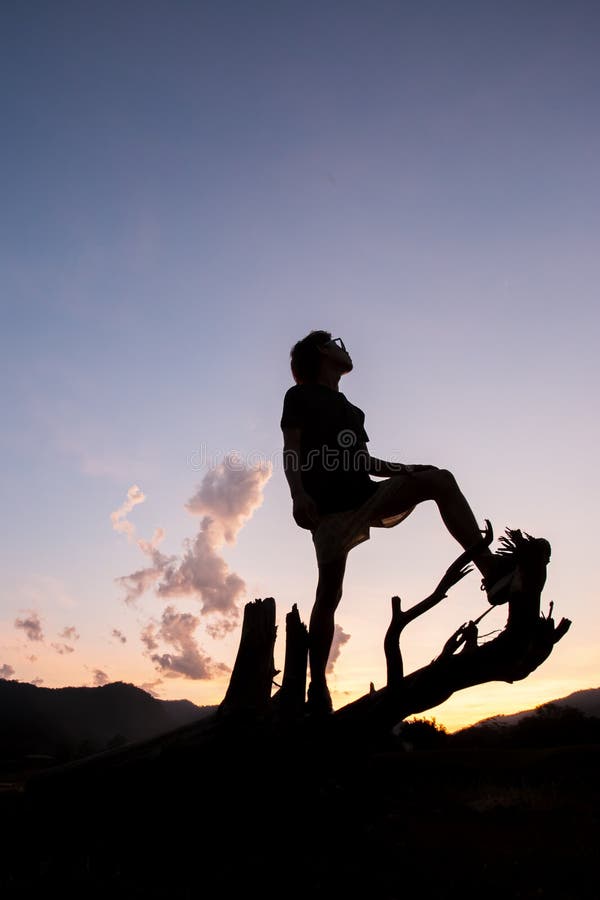 Silhouette of a Young Boy on a Log Surrounded by Shadows of Mountains ...