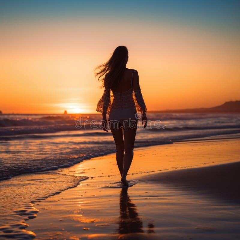 Silhouette of a Young Girl on the Beach at Sunset, Walking, Backlight ...