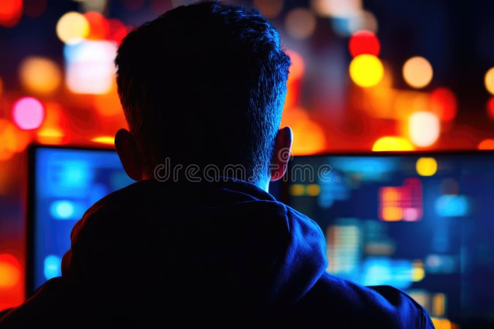 Silhouette of Young Male Coder with Blurred City Lights and Computer Screens Stock Photo - Image ...