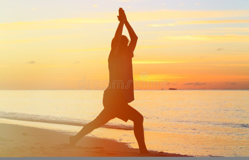 Silhouette of Young Man Doing Yoga at Sunset Stock Image - Image of ...