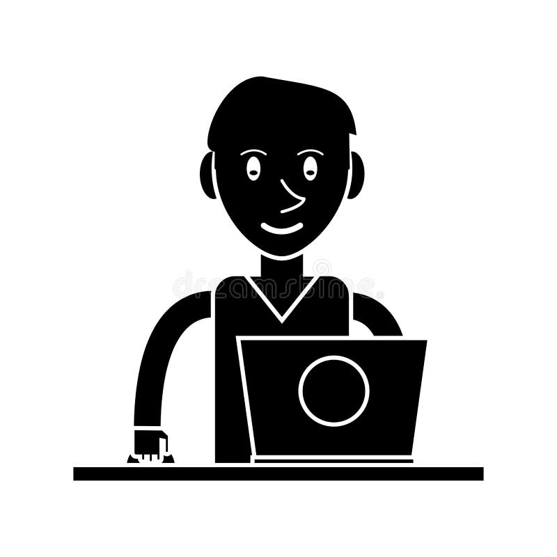 Silhouette Young Man Using Laptop on Desk Stock Vector - Illustration ...