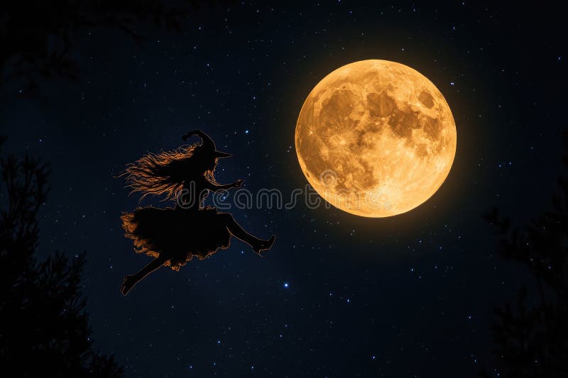 Large Full Moon With Witch Witch On Broomstick Flying Across Moon Over