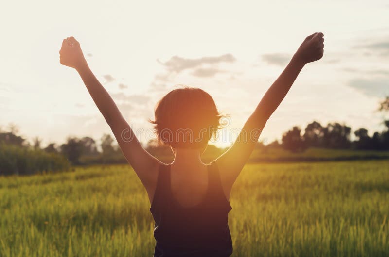 Silhouette Young Woman Freedom with Sunset Stock Photo - Image of pose ...