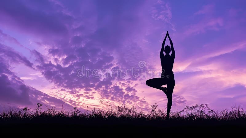 Silhouette of a Young Woman Practicing Yoga in Tree Pose Outdoors at ...