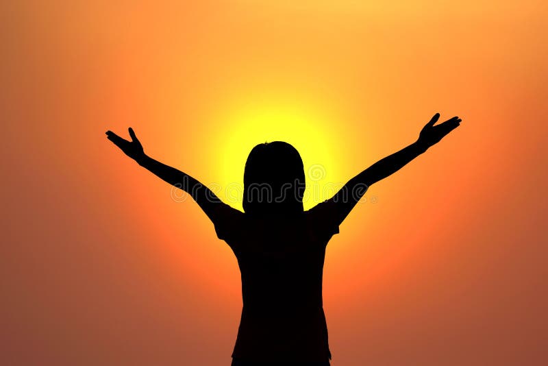 Silhouette of Young Woman on Sunset Conceft for Success Relax Stock ...