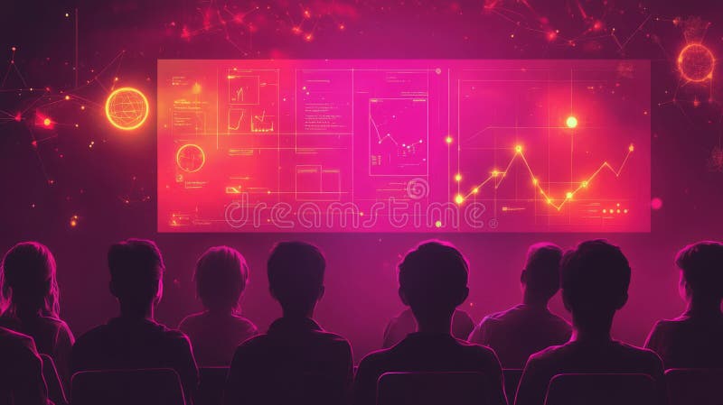 Silhouetted Audience Viewing a Futuristic Data Presentation on a Pink ...
