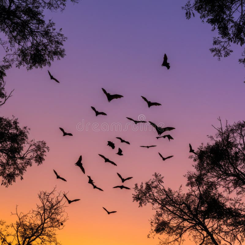 Silhouetted Bats Flying at Sunset Stock Illustration - Illustration of ...