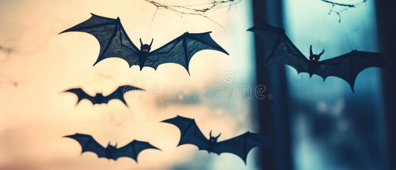 Silhouetted Bats with Glowing Red Eyes Hang in Front of a Soft ...