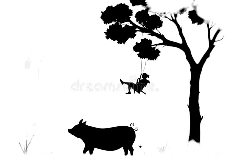 Silhouetted Big Pig, Tree and a Girl Swing. Stock Illustration ...