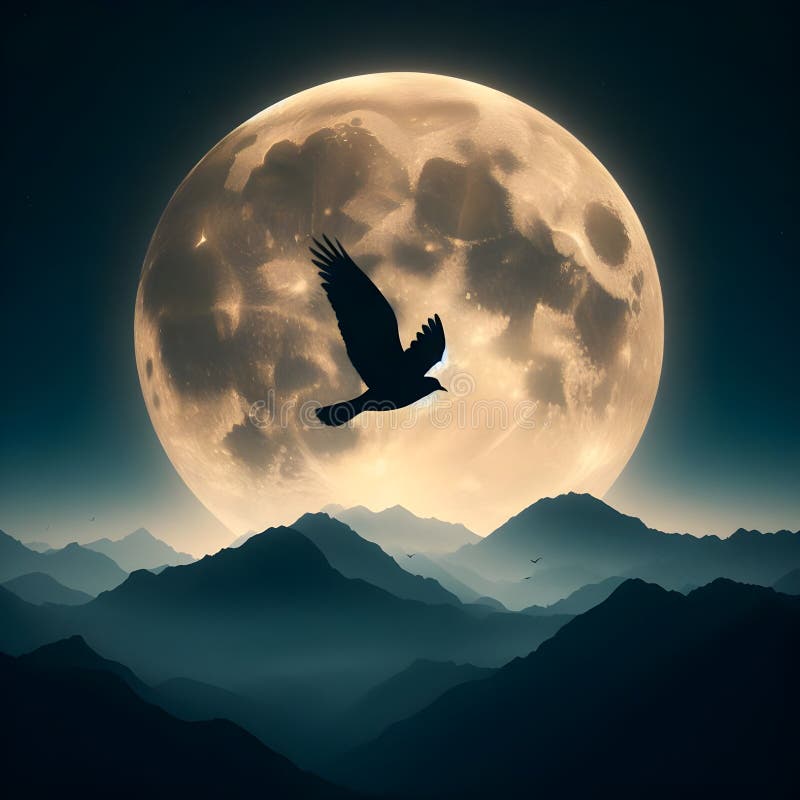 Silhouetted Bird Flying Across the Full Moon. Stock Illustration ...