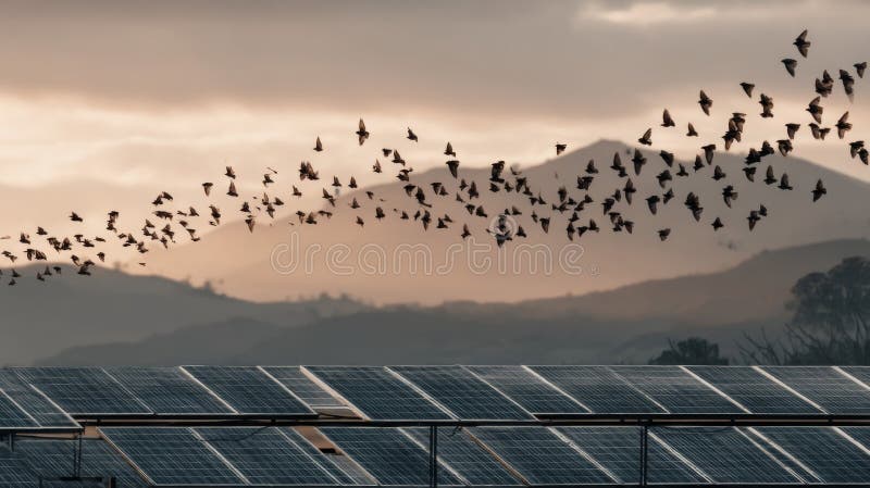 Silhouetted Birds Flying Over Solar Panels at Sunset Stock Illustration ...