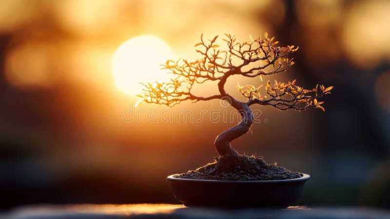 Silhouetted Bonsai Tree at Sunset Stock Illustration - Illustration of ...