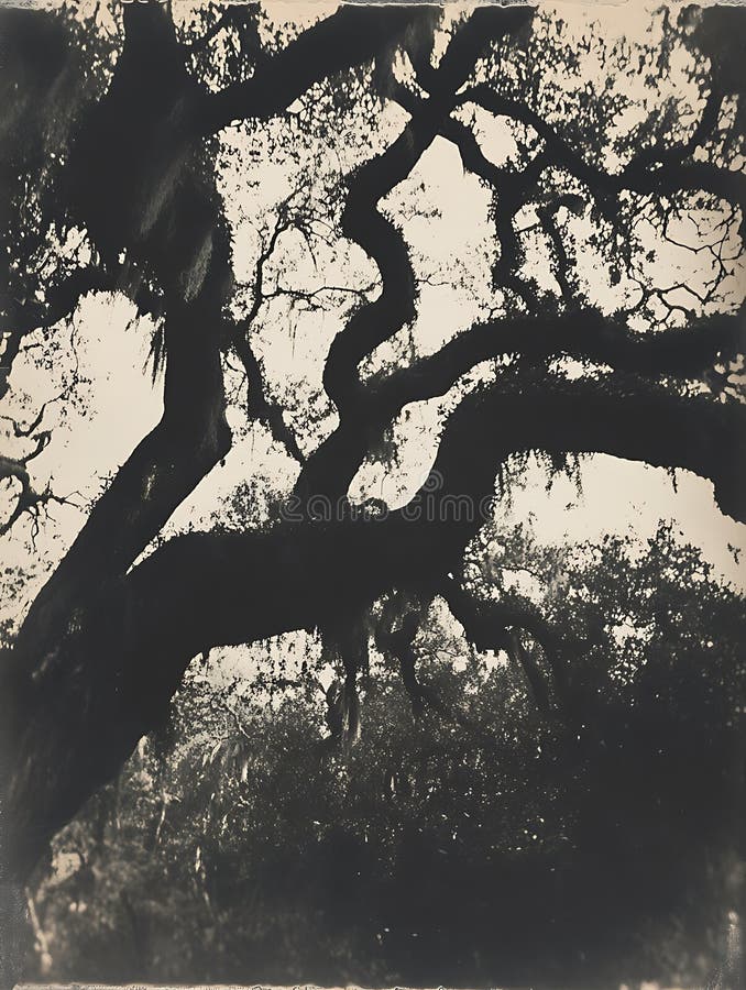 Silhouetted Branches of a Large Oak Tree with Sprawling, Twisted Limbs ...