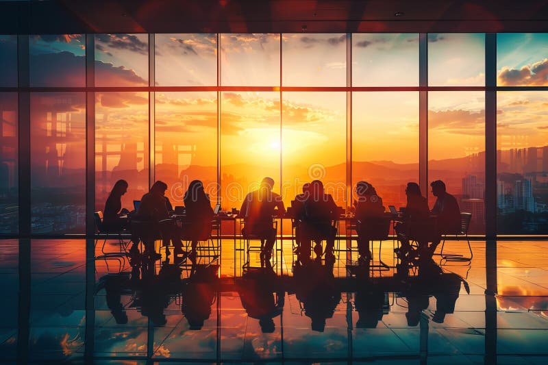 Silhouetted Business Team Meeting at Sunset in a Modern Office ...
